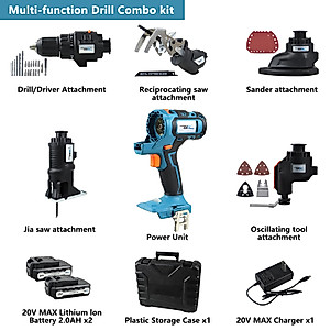 NEWONE 20V Cordless Drill Combo Kit,4-Tool Max Power Tool Combo Kit with Case,4 Attachment,Drill,Reciprocating saw, Oscillating tool, Sander with Accessories,2.0Ah Lithium-Ion Battery and Charger