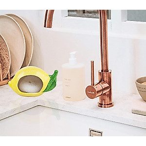 Farmhouse Decor Kitchen Sink Scrubby Holder Ceramic - With Nylon Dish Scrubber (Lemon)