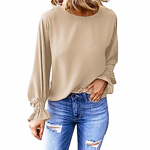 Dokotoo Womens Fashion Casual Tops Fall Outfits for Women 2024 Long Sleeve Shirts for Women Crewneck Solid Color Elegant Cute Chiffon Blouses Clothes Khaki Small