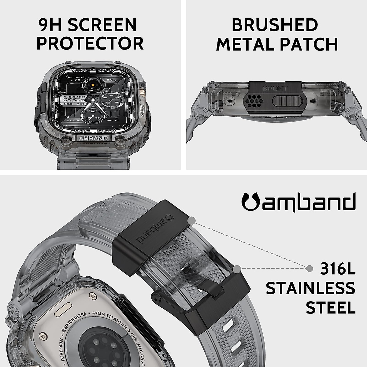amBand Bands Case Screen Protector Compatible with Apple Watch Ultra 2/1 49mm, M1 Sport Series Rugged Cover Strap and 9H Tempered Glass Film, Protective Bumper for iWatch 49 mm Men Crystal Black