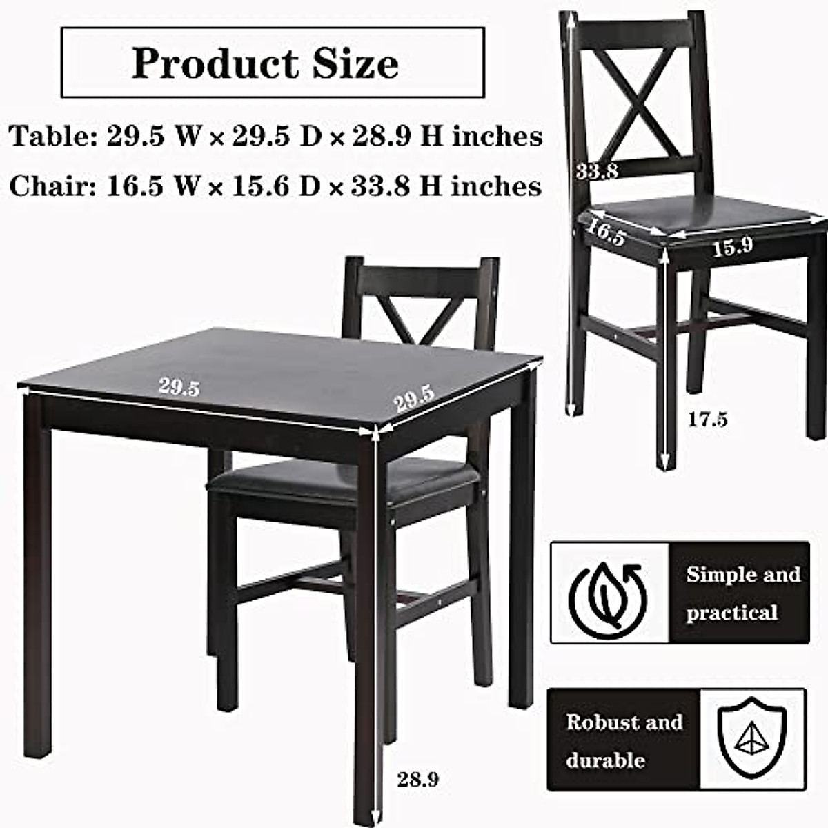 Hudada Kitchen Table Set 3 Piece Dining Table Set Sturdy Wooden Square Table and Chair Breakfast Table Set for 2 Person, Small Dining Room Table Set for Restaurant Home Kitchen Living Room, Brown