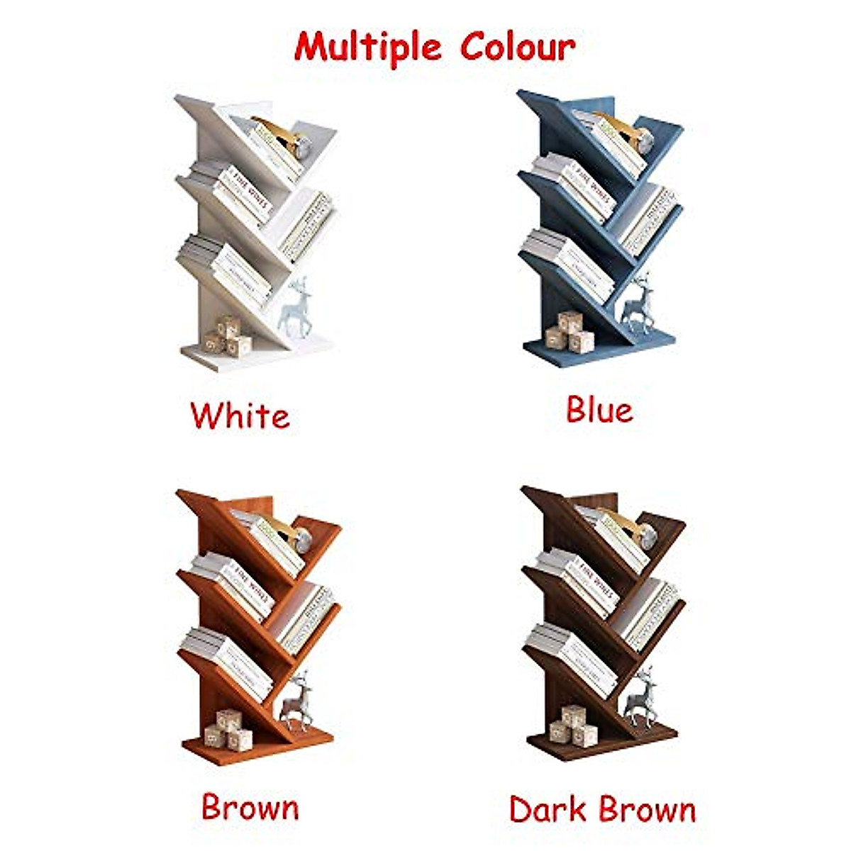 Desktop Bookshelf Desk 4-Tier Book Storage Organizer Shelves Tree Bookshelf, Floor Standing Bookcase, Wood Storage Rack for Office Home School Shelf Display Creative Bookcas (Blue)