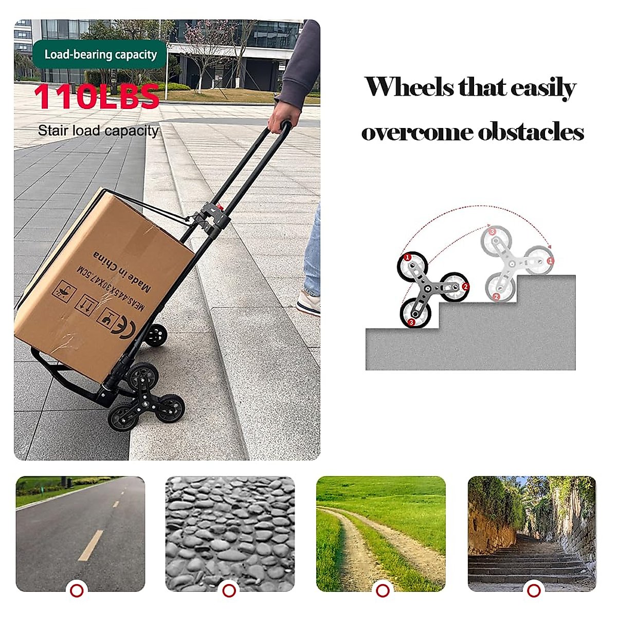 RJTEK【Material upgrading】Stair Climber Dolly 400lb Capacity, Improved Tire Size, Effortlessly Climbs 18cm Stairs, Hand Truck and Dolly,Heavy-Duty Cart with Telescoping Handle, Large Tires, and 2 Ropes