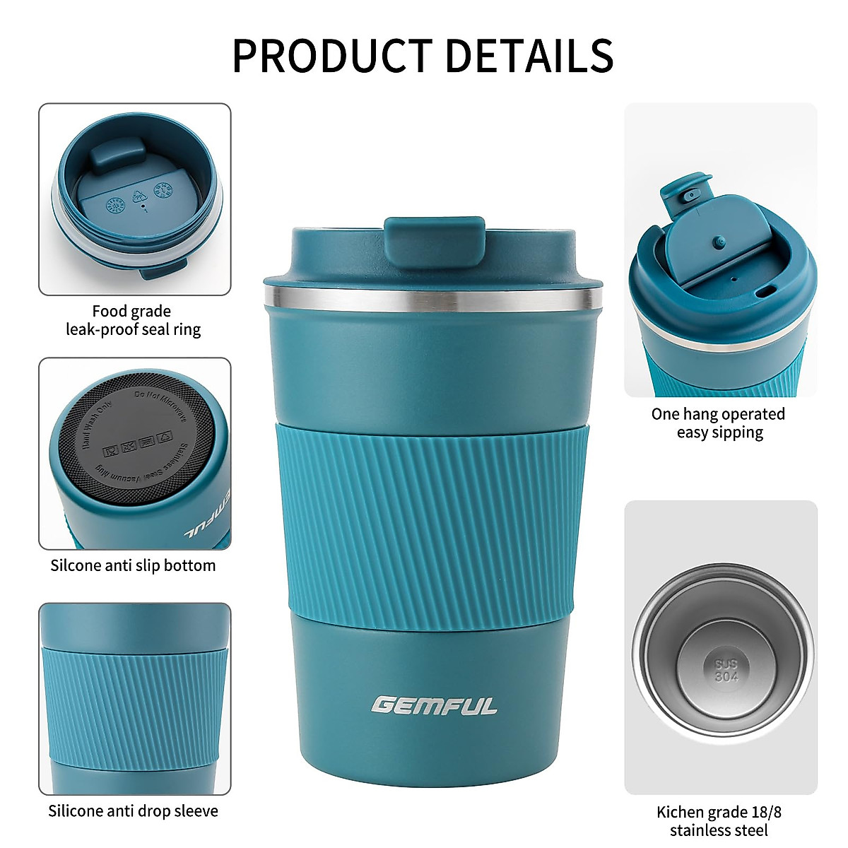 GEMFUL To Go Coffee Mug with Lid 13 oz Insulated Cups Spill Proof Travel Tumbler Leak Proof Vacuum Stainless Steel Reusable for Hot Cold Drinks Women Men (Blue)