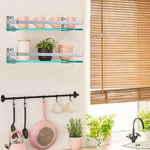 Sanbege 2-Pack Tempered Glass Bathroom Shelf with Rail, 15" x 4.5" Rectangular Shower Caddy, Wall Mounted Floating Shampoo Holder for Lavatory, Kitchen, Living Room