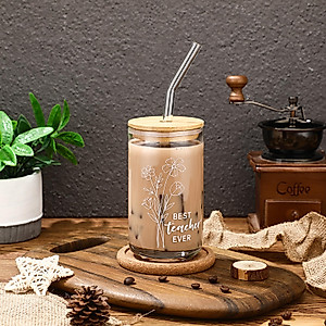 Skylety 1 Set 16 oz Teacher Glass Cups with Lids and Straws Drinking Glasses Tumbler Can Shaped Glass Coffee Cups Thank You Teacher Appreciation Gift Quotes Sign Mug Bottle for Beer Water Tea