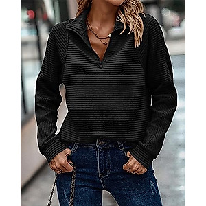 BTFBM Womens 2023 Fall Fashion Quarter Zip Sweatshirts Half Zip Casual Long Sleeve Solid Color V Neck Pullover Tops(Solid Black,Medium)
