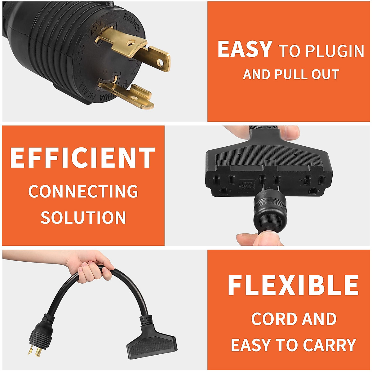 30Amp Generator Power Cord YACSEJAO 1.5FT 10AWG NEMA L5-30P to 3 Outlet 5-15R Female 30 Amp to 15 Amp Generator Adapter Cable with Twist Lock