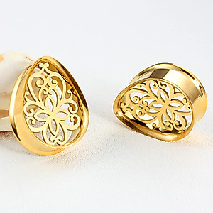 Casvort 2 PCS Stainless Steel Gold Double Flared 9/16'' Teardrop Ear Plugs Tunnels Gauges Stretcher Piercings Body Jewelry