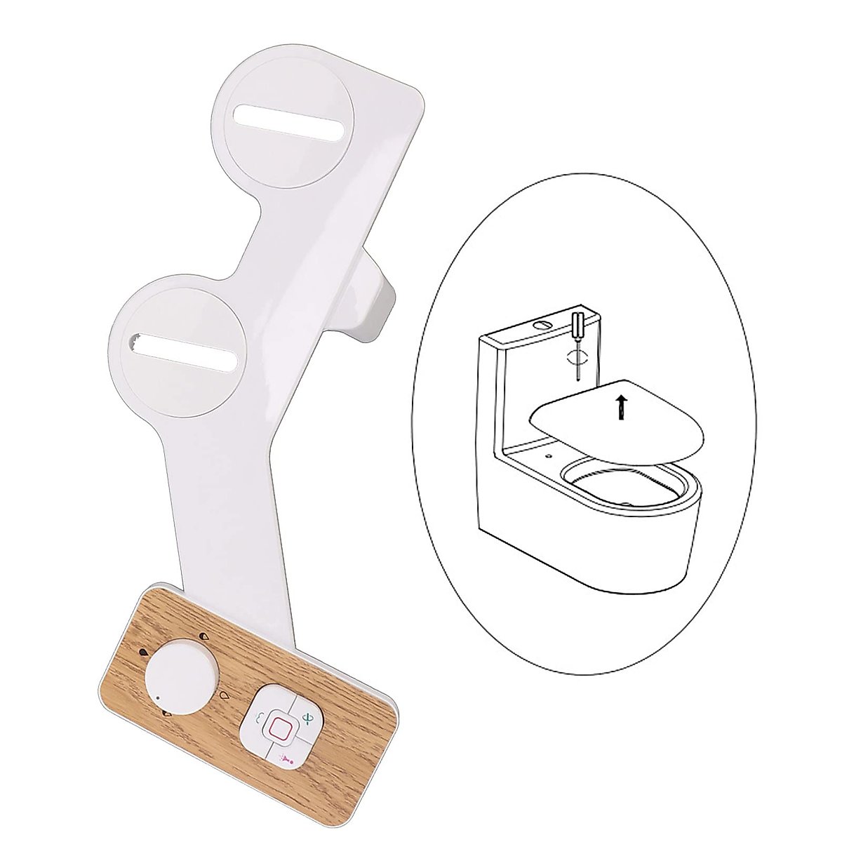 Hyuduo Button Bidet Attachment, Toilet Bidet Attachment with 7/8 Copper Tee, Wood Grain Button Dual Nozzle Bidet Attachment, Ultra Slim Bidet, Bidets