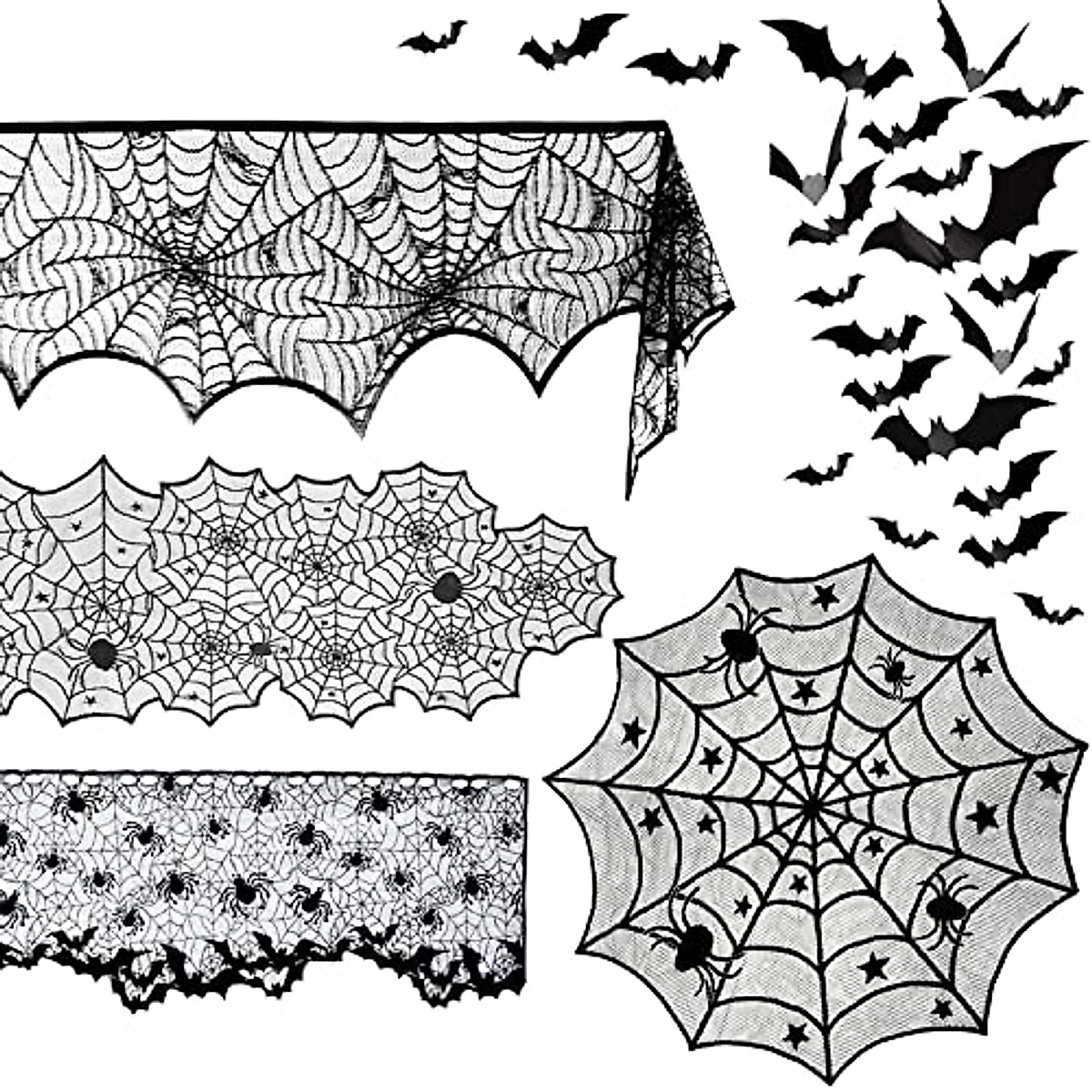 Beeager 5 Pack Halloween Spider Decorations Sets -Halloween Fireplace Mantel Scarf & Round Table Cover & Lace Table Runner & Cobweb Lampshade & 60 pcs Scary 3D Bat for Halloween Party Decors (1) (1)