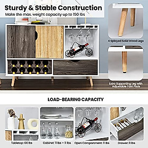 COSTWAY Buffet Sideboard, Coffee Bar Cabinet with 10-Bottle Wine Rack, Glass Holder, Door Cabinet & Drawer, 5 Solid Wood Leg Support, for Kitchen, Living Room