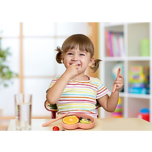 Suction Plate, Socub Silicone Plate for Baby and Toddler, Unbreakable Non-Slip Kids Plates with Spoon and Fork, BPA Free, Dishwasher and Microwave Safe, Muted