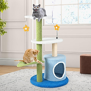 Tangkula Cute Cat Tree, Flower Cat Tower with Sisal Scratching Post, Plush Leaf-Shaped Perch, Roomy Condo, Fluffy Spring Ball & Jingling Ball, Small Cat Tree for Indoor Cats 20 lbs Heavy Duty
