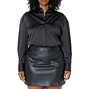 The Drop Women's Black, Logan Silky Long Sleeve Basic Button Down Shirt, L
