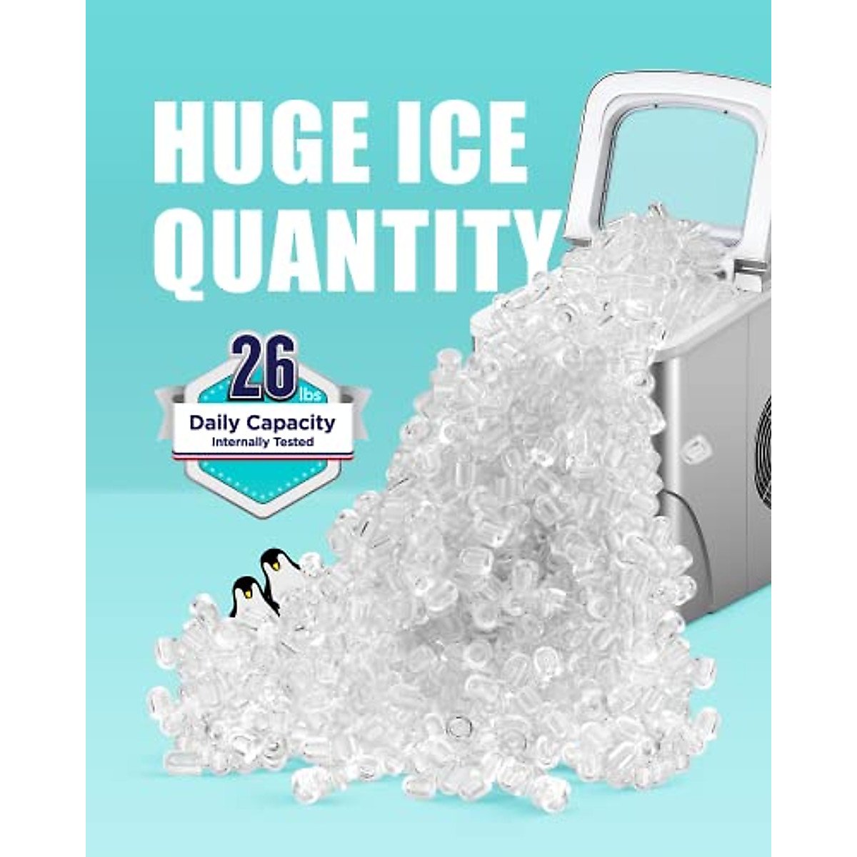 Silonn Ice Maker Machine for Countertop, 9 Bullet Cubes Ready in 6 Minutes, 26lbs 24Hrs Portable Self-Cleaning, 2 Sizes of Bullet-Shaped Home Kitchen Office Bar Party, Silver (WSIM02)