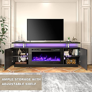 EROMMY 70'' Fireplace TV Stand with 36'' Electric Fireplace, Entertainment Center with 16 Color Led Lights and 12 Flame Fireplace Insert Heater, TV Console for TVs up to 80'' for Living Room, Black