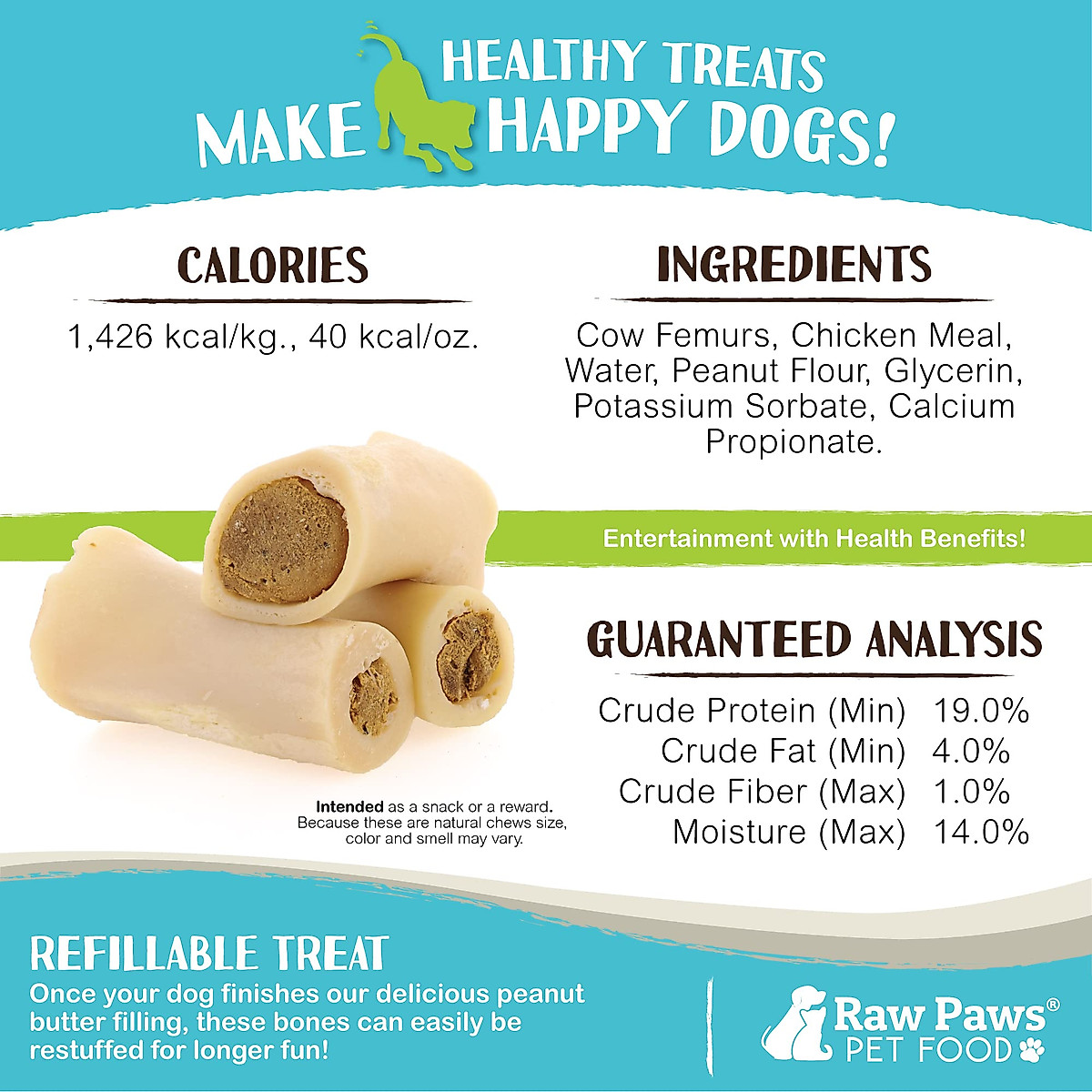 Raw Paws Filled Cow Femurs for Dogs - Peanut Butter Flavor, 3-4", 6-ct - Peanut Butter Filled Bones for Dogs - Filled Dog Bones for Large Dogs - Stuffed Dog Bones - Stuffed Bones for Dogs