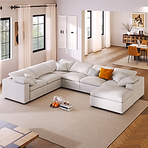 VASOENY 129.3'' U Shape Modular Sectional Sofa, Oversized Polyester Fabirc L Shaped Couch, 6 Seat Corner Sofa Couch with 5 Pillows and Ottoman Chaise for Living Room, Office