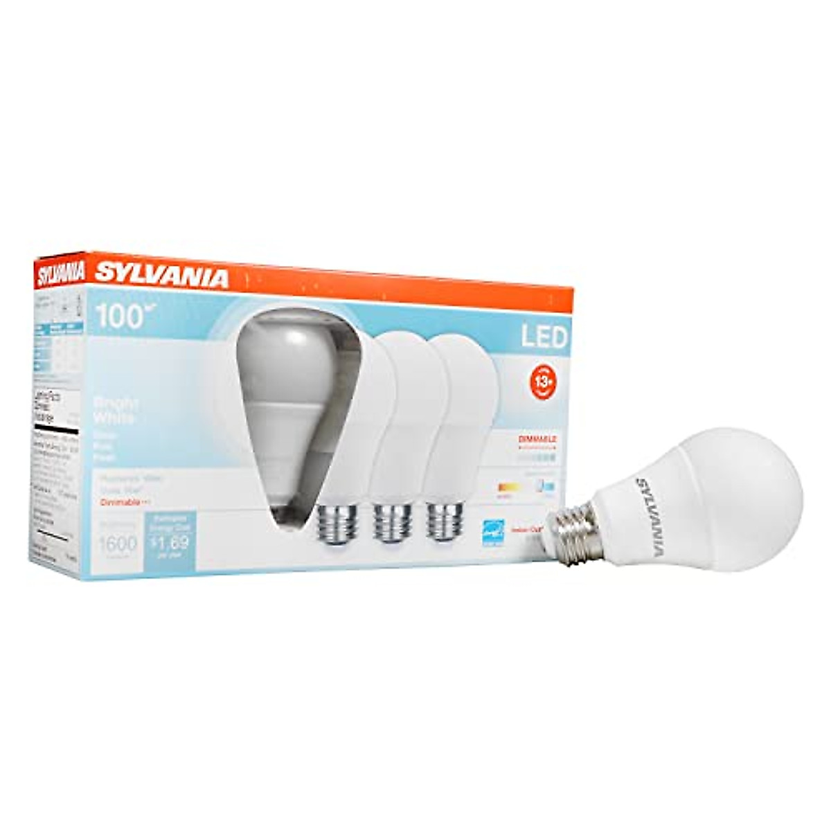 Sylvania A19 LED Light Bulb, 100W = 16W, Dimmable, Medium Base, Frosted Finish, 1600 Lumens, 3500K, Bright White - 4 Pack (40738)