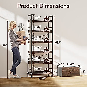 Pipishell Bookshelf, 6-Tier Bookcase with Storage Drawer, Tall Bookshelf Storage Rack with Metal Frame & Wood Grain Finish, Industrial Bookshelf for Living Room, Bedroom, and Home Office, PIBS02WN