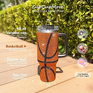 Cupcupmore 40oz Basketball Bling Rhinestone Stainless Steel Sippy Tumbler Glitter Vacuum Insulated Water Bottle with Straw & Lid &Handle,Thermos for Hot & Cold Drinks,Car Cup Holder,Coffee