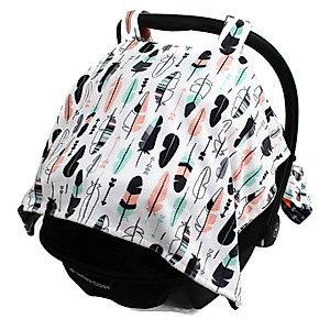 Dear Baby Gear Deluxe Reversible Car Seat Canopy, Custom Minky Print, Woodland Deer Quilt Feathers Pink Mint