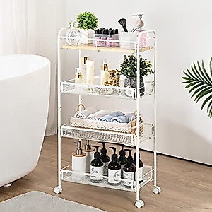 KINGRACK 4-Tier Rolling Cart,Metal Utility Cart with Wooden Tabletop,Easy Assemble Mobile Storage Trolley On Wheels,Craft Storage Cart for Bedroom Kid's Room Office Kitchen Bathroom,White