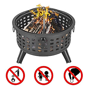 LIUXUEFE Round Outdoor Fire Pit, Brazier Poker Spark Screen Outside Flame Retardant Net Cover, Metal Grate Black