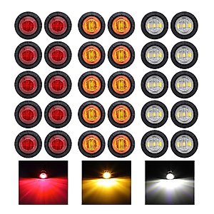 Ledvillage Pack of 30 3/4 Inch Mini Round 10 Amber + 10 Red + 10 White 3 LED Trailer Side Marker Button Lights Clearance Signal Lamp Boat Lorry Truck Pickup Bus 12V DC
