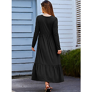 LILLUSORY Womens Long Sleeve Crewneck Ruffle Swing Midi Dress 2023 Fall Casual Loose Tiered Maxi Dresses with Pockets Black