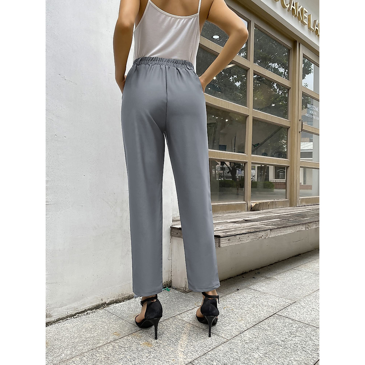 GRACE KARIN Women Casual Work Pants with Pockets Elastic Waist Pants Blue Grey M