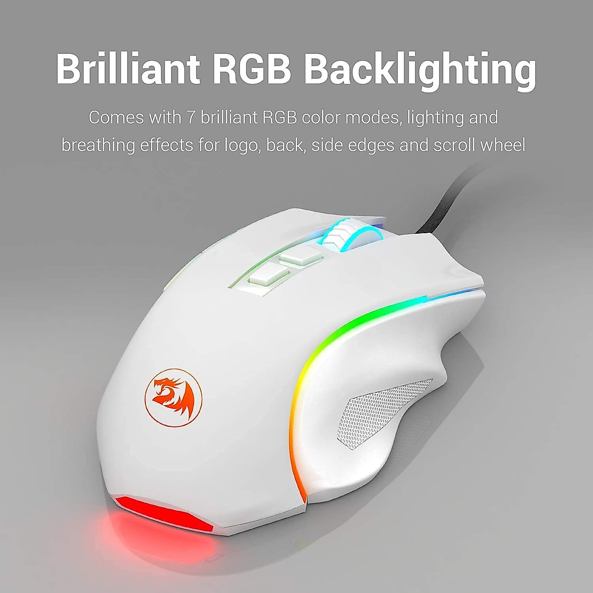 Redragon M602 RGB Wired Gaming Mouse RGB Spectrum Backlit Ergonomic Mouse Griffin Programmable with 8 Backlight Modes, Up to 7200 DPI for Windows PC Gamers (White)