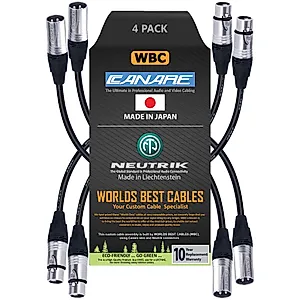 WORLDS BEST CABLES 4 Units - 1 Foot – Quad Balanced Microphone Cable Custom Made Using Canare L-4E6S Wire and Neutrik Silver NC3MXX Male & NC3FXX Female XLR Plugs