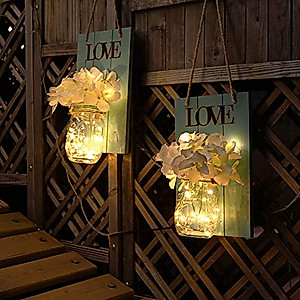 FineUsea Set of 2 Mason Jars Sconce, Rustic Home Decor Wall Wood Art Sconces Hydrangea Flowers LED Fairy Lights for Country House Office Dining Room Decor (Blue)