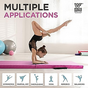 WF Athletic Supply Tri Fold Folding Exercise Mat with Carrying Handles, 1.5" Thick Foldable Gym Mat, Folding Foam Workout Mat for Gymnastics, Yoga, MMA, Core Workouts, Stretching, Pink