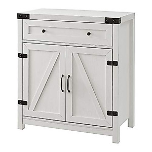 Walker Edison Farmhouse Double Barn Door Accent Kitchen Storage Cabinet Pantry with 1 Drawer, 30 Inch, Brushed white