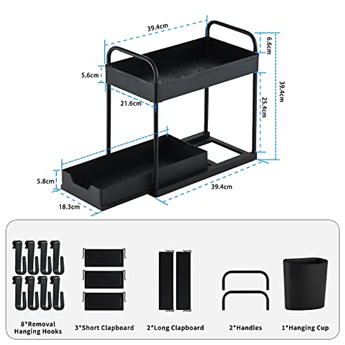 Bathroom Organizer, Under Sink Organizers and Storage, TITETE 2 Tier Sliding Under Sink Organizer, Under Cabinet Storage Drawer Bathroom Kitchen with 2 Handles, 5 Clapboards, 1 Hanging Cup and 8 Hooks