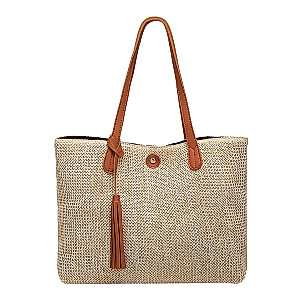 Felice Ann Women Large Tassels Straw Woven Shoulder Bag Beach Handbag Top-handbag Bag Purse Large Brown