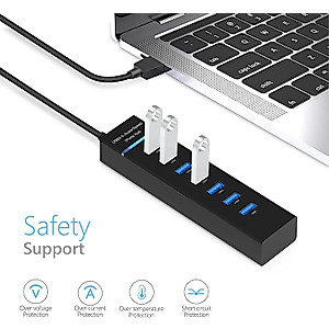 W Come Ture Data Black USB Hub Splitter 7-Port USB 3.0 Hub with 11.8 inch Long Cable Powered USB Hub for Laptop, PC, MacBook, Mac Pro, Mac Mini, iMac, Surface Pro and More