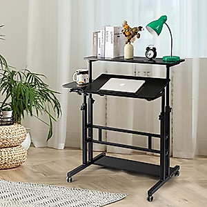 SIDUCAL Mobile Stand Up Desk, Adjustable Laptop Desk with Wheels Storage Desk Home Office Workstation, Rolling Table Laptop Cart for Standing or Sitting, Black
