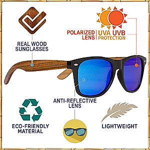 Woodies Zebra Wood Sunglasses with Ice Blue Mirrored Polarized Lens and Real Wooden Frame for Men and Women | 100% UVA/UVB Protection