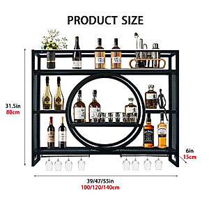 Wall Mounted Wine Rack, Hanging Metal Round Wine Rack Cabinet, Multifunctional Storage Rack, Vintage Style Wine Bottle Shelf, with Wine Glass Holder, for Home Restaurant Bars (120cm/47.2in)