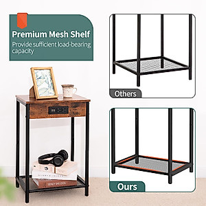 Yoobure Side Table with Charging Station, End Tables Living Room, Industrial 2 Tier Nightstand with USB Ports, Rustic Narrow Small Table with Storage Shelf for Bedroom, Office, Small Spaces