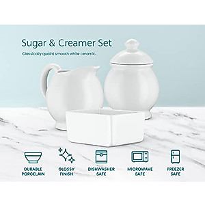 Kook Ceramic Sugar & Creamer Set, 3 Piece Porcelain Coffee Serving Set, Milk Pitcher, Sugar Bowl with Lid and Sweetener Packet Holder, Dishwasher Safe, White