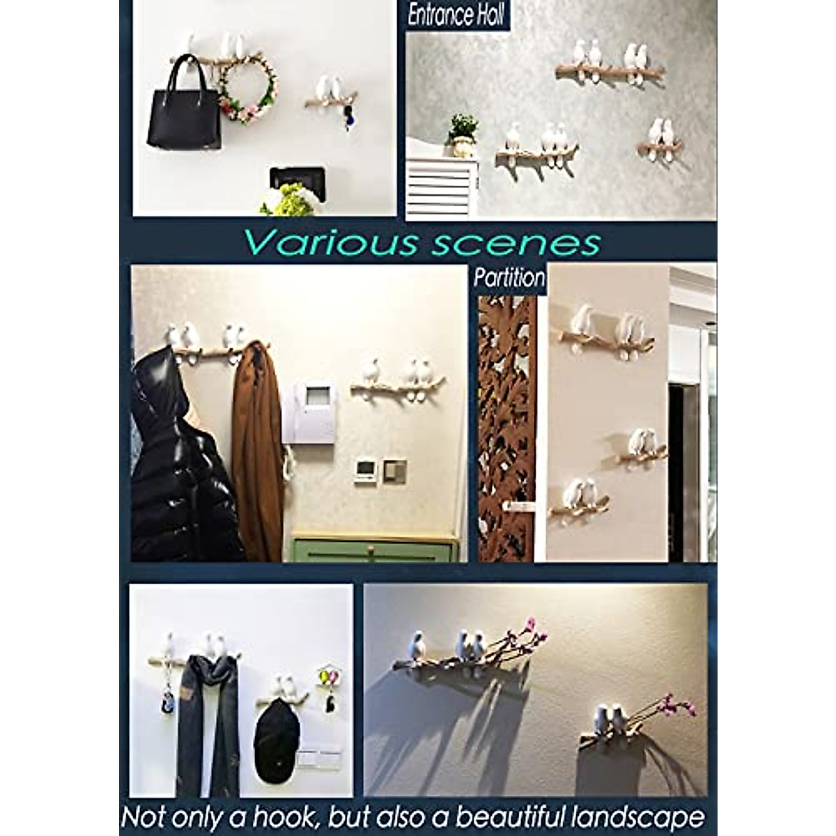 HaakLux Bird Hat Hook,Wall Hanger Decor Hooks,Mounted Resin Cast Ceramic,Tree Branch with Unique Hanging White Dove for Coat Towel Key Clothes in Bathroom Kitchen Bedroom Living Room(3 Birds)