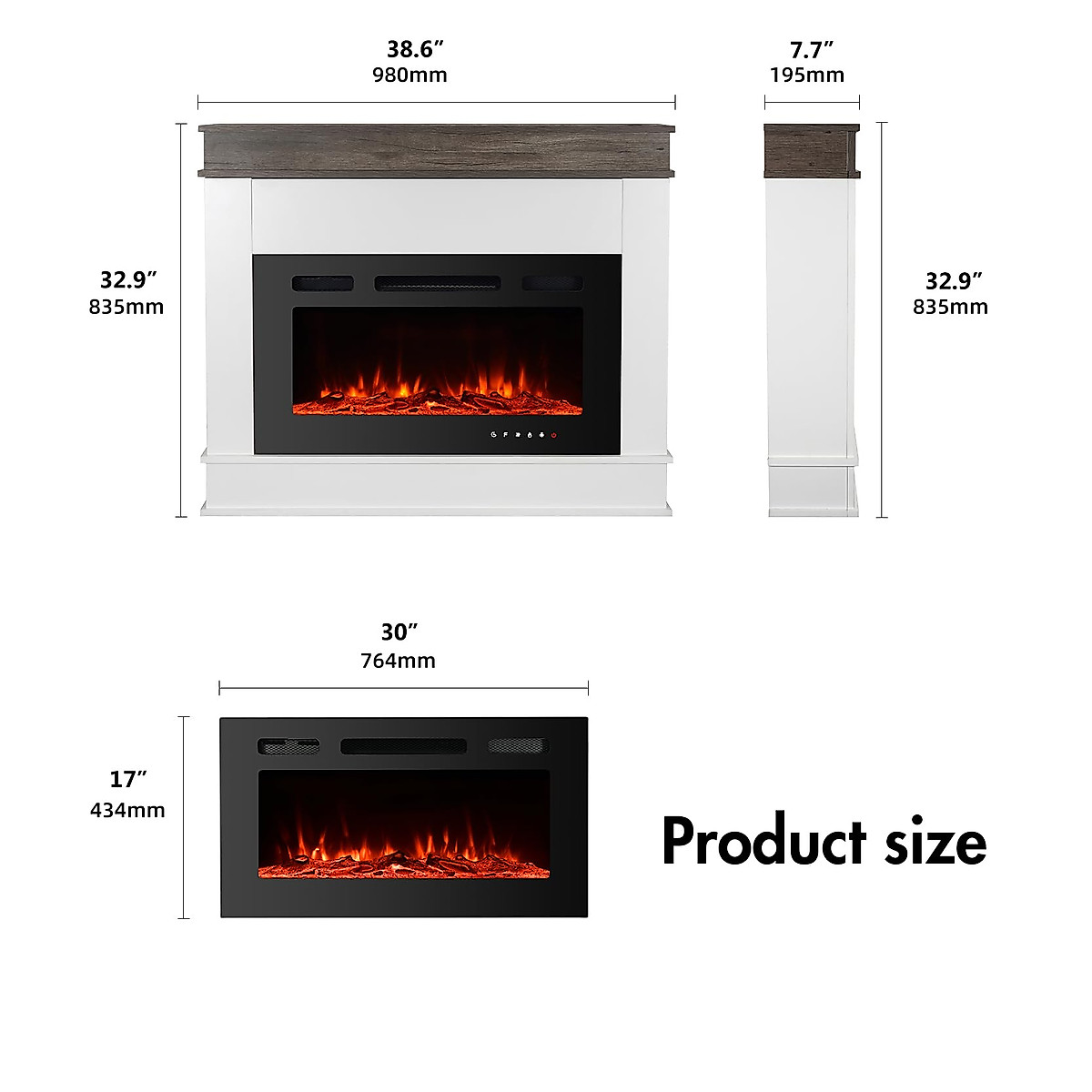 Maxhonor Electric Fireplace Wall Mounted Insert Heater, Glass Panel with Touch Screen or Remote Control, 1500/750W (Black, 30'')
