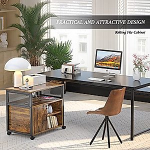 Unikito Lateral File Cabinet, Locking Office Filing Cabinets with Socket and USB Charging Port, Modern Rolling Printer Stand with Storage for A4, Letter Size and File Folders, Rustic Brown