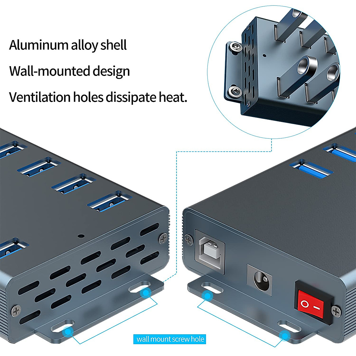 Royata Powered USB Hub Industrial Grade USB 2.0 Hub 20 Port 12V/10 Power Support Charger Data Sync and Charging Station with Separate On/Off Switch and Light for Laptops, PCs,etc.