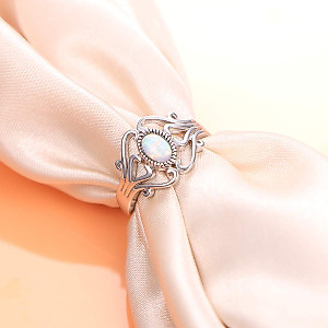 FLYOW Adjustable White Created Opal Rings for Women 925 Sterling Silver Victorian Style Rope Ring Christmas Gifts Classical Magic Mirror Rings Size 9